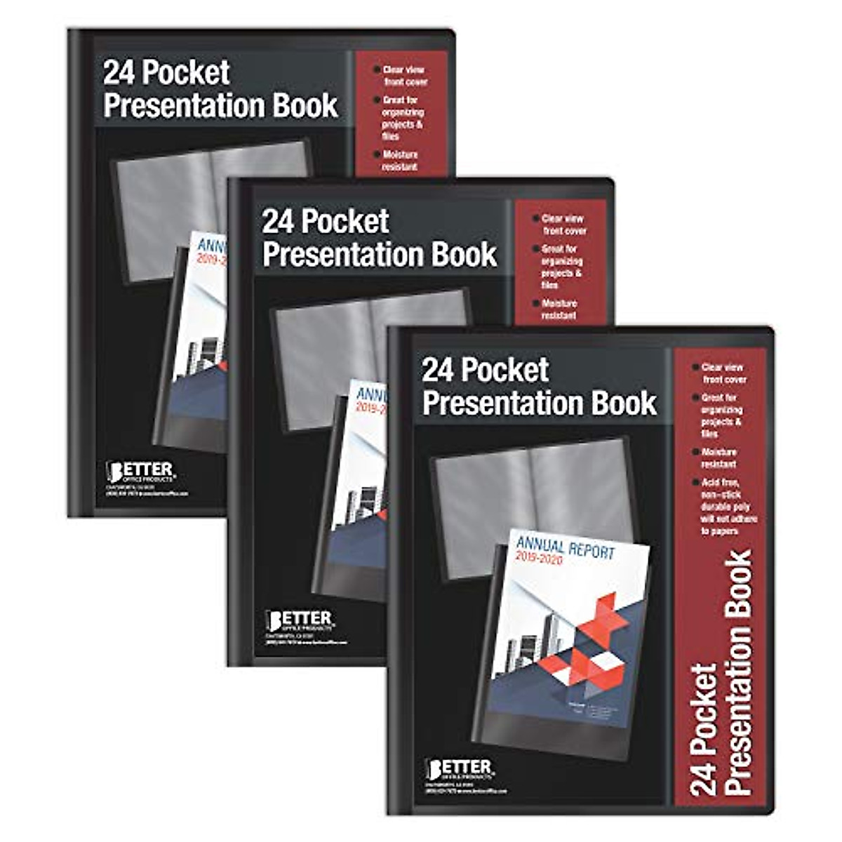 24 Pocket Bound Sheet Protector Presentation Book, 3 Pack, Clear View Front, 48 Page Capacity, by Better Office Products, Art Portfolio, Durable Black Poly Front and Back Covers, Letter Size