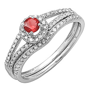Dazzlingrock Collection 14K Round Ruby And White Diamond Bridal Halo Engagement Ring Wedding Band Set, White Gold, Size 6.5