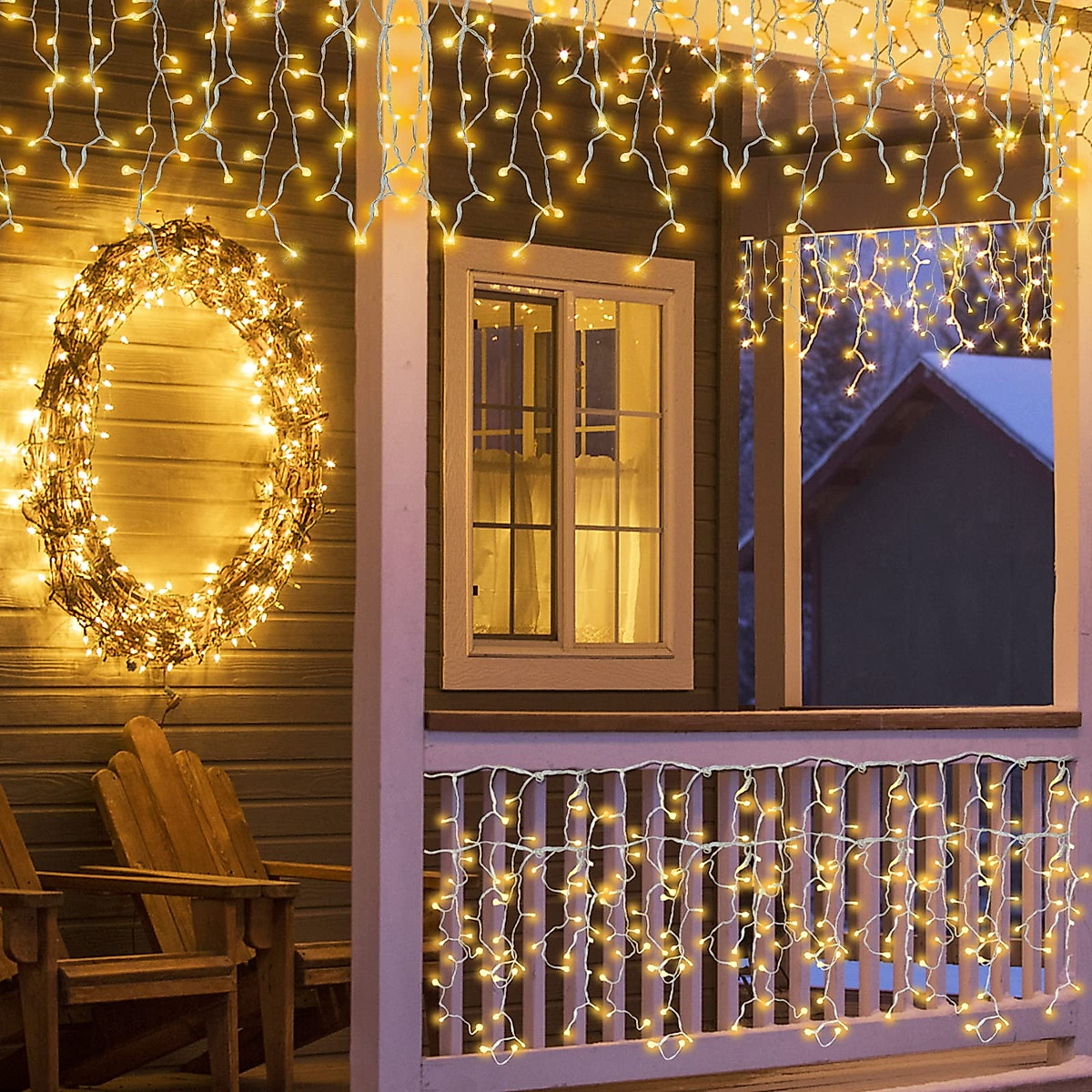 MO QIU E 456 LED Christmas Icicle Lights Outdoor Decor 35.4Ft 72 Drops 8 Modes Plug In Window Curtain Fairy String Dripping Light Decoration Home Holiday Indoor Eave Garden (Warm White)