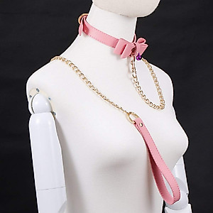 LEWECEEO PU Leather Kitty Bell Collar Choker Cosplay Bowknot Collar Choker with Golden Chain Leash for Women Girls (Pink)