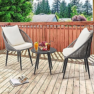 Wildformers 3 Pieces Bistro Set, Woven Rope Chair with Cushions, All Weather Patio Conversation Set and Side Table, Ideal for Deck, Balcony, Poolside, Grey