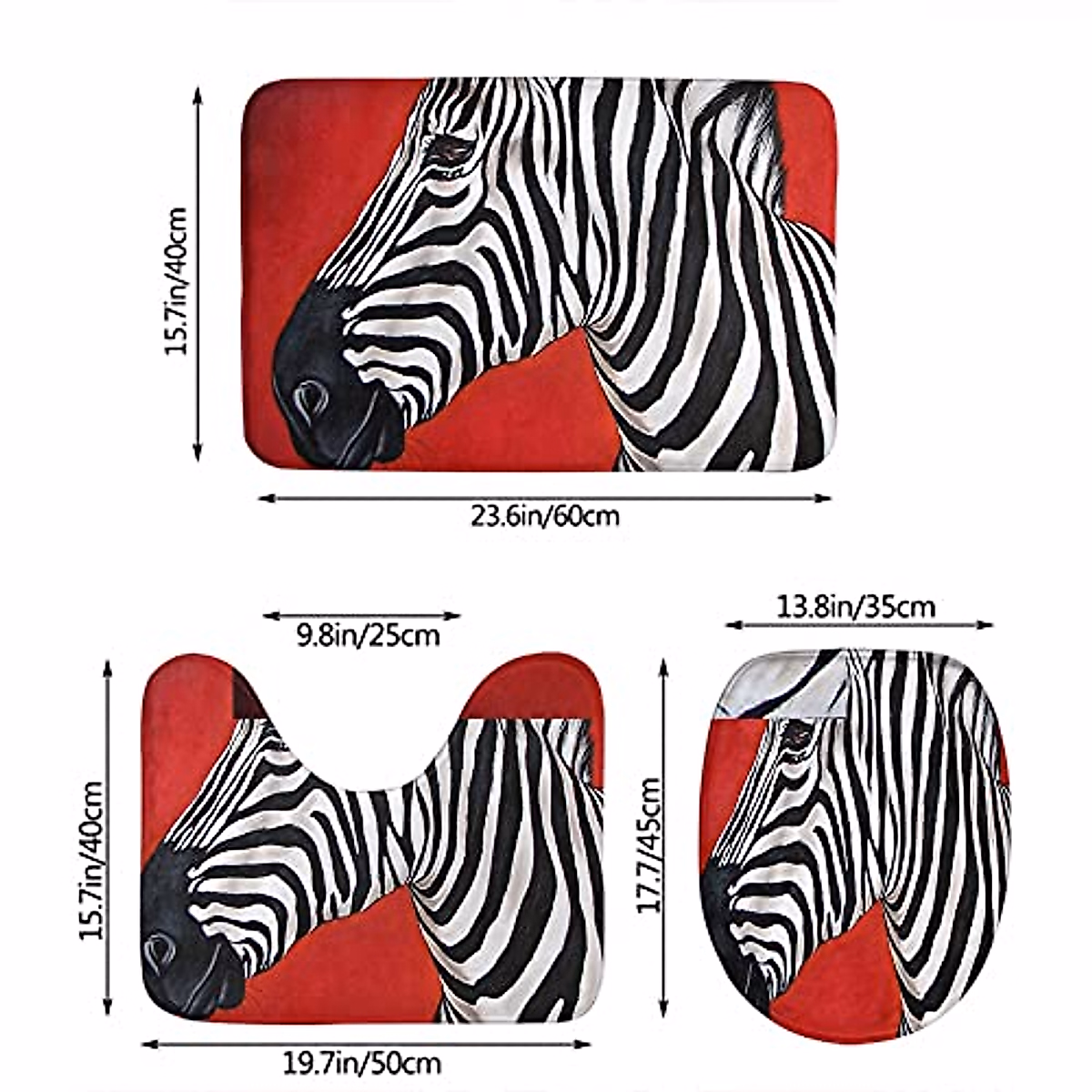 WONDERTIFY Zebra Bathroom Antiskid Pad African Black White Stripe Wild Animals Exotic Wildlife 3 Pieces Bathroom Rugs Set, Bath Mat+Contour+Toilet Lid Cover Red