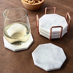 D'Eco White Carrara Marble Coasters & Rose Gold Coaster Holder (Set of 5)- Durable, Thick Coasters - Protects Any Table Type & Fits Any Coffee Mug, Drinking Glass, Barware- Holiday Idea