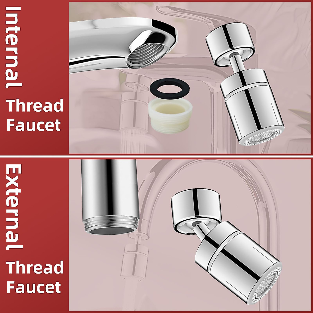 360° Faucet Aerator Sink, Splash Faucet Sprayer Extender, Bathroom & Kitchen Sink with 2 Water Outlet Modes,Silver,1Pcs