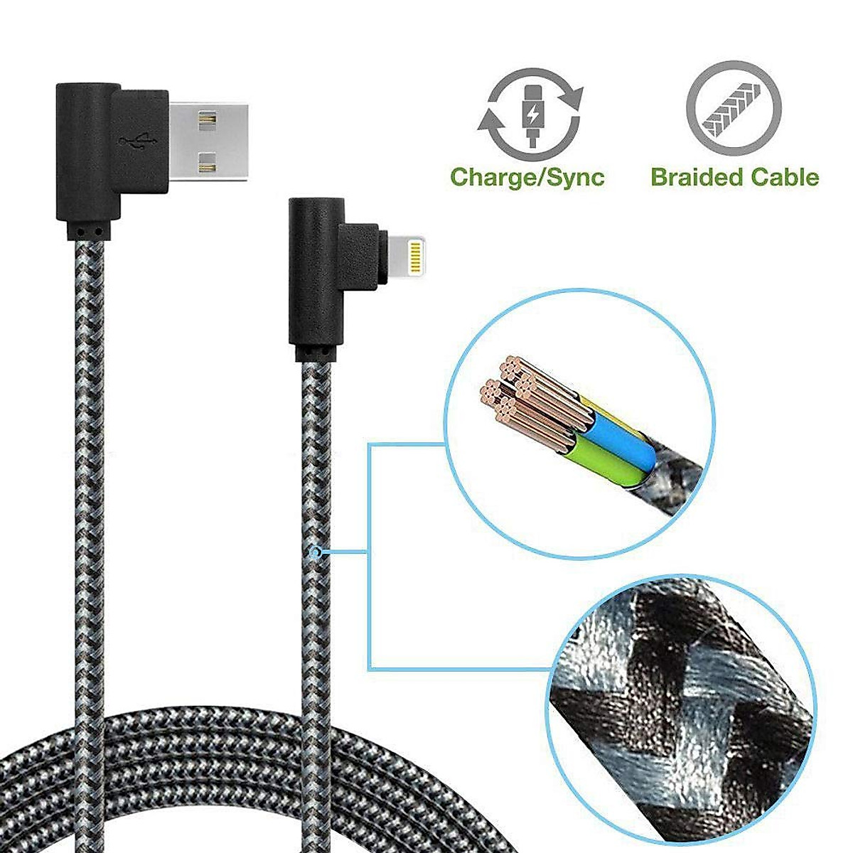 APFEN 3 Pack 10FT/3M [The Most Durable Cable] 90 Degree Charging Cable Extra Long Nylon Braided Certified Cable Compatible with iPhone 12/11/Xs Max/XS/XR/X, 8 7 6 (Black Gray, 10FT)