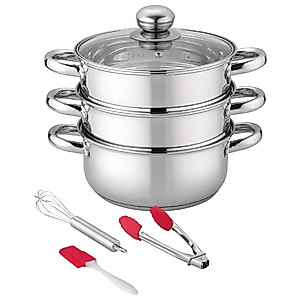 Double Boiler & Steam Pots for Chocolate and Fondue Melting Pot, Candle Making, Stainless Steel Steamer with Tempered Glass Lid for Clear View while Cooking, Dishwasher (3 Cooking Utensils Set)