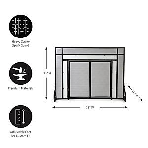 Plow & Hearth Metal Fireplace Screen Glass Flatguard Black | 38" W x 31" H | 2 - Door | Spark Guard Indoor Grate | Iron Fire Place Cover | Wood Burning Stove Decorative Accessories