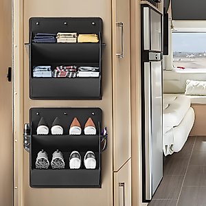 DEYILIAN 2 Pack RV Shoe Storage with Sticky Adhesive Tape, Over the Door Shoe Rack, Wall Hanging Shoe Organizer with Large Deep Pockets for Camper, Narrow Space Saving Closet Organizers - Black