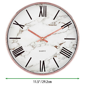 mDesign Modern Stylish Wall Clock for the Office, Bedroom, Kitchen, Bathroom, 11.5 Inch Diameter - Rose Gold Frame and Hands, Large Black Numbers on a Marble Background with a Clear Glass Cover