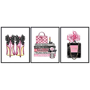 Glam Designer Perfume, Shoes, Handbags Wall Decor - Cute Gift for Fashionista - High Fashion Luxury Couture Wall Art Poster Set for Women, Teens, Girls Bedroom