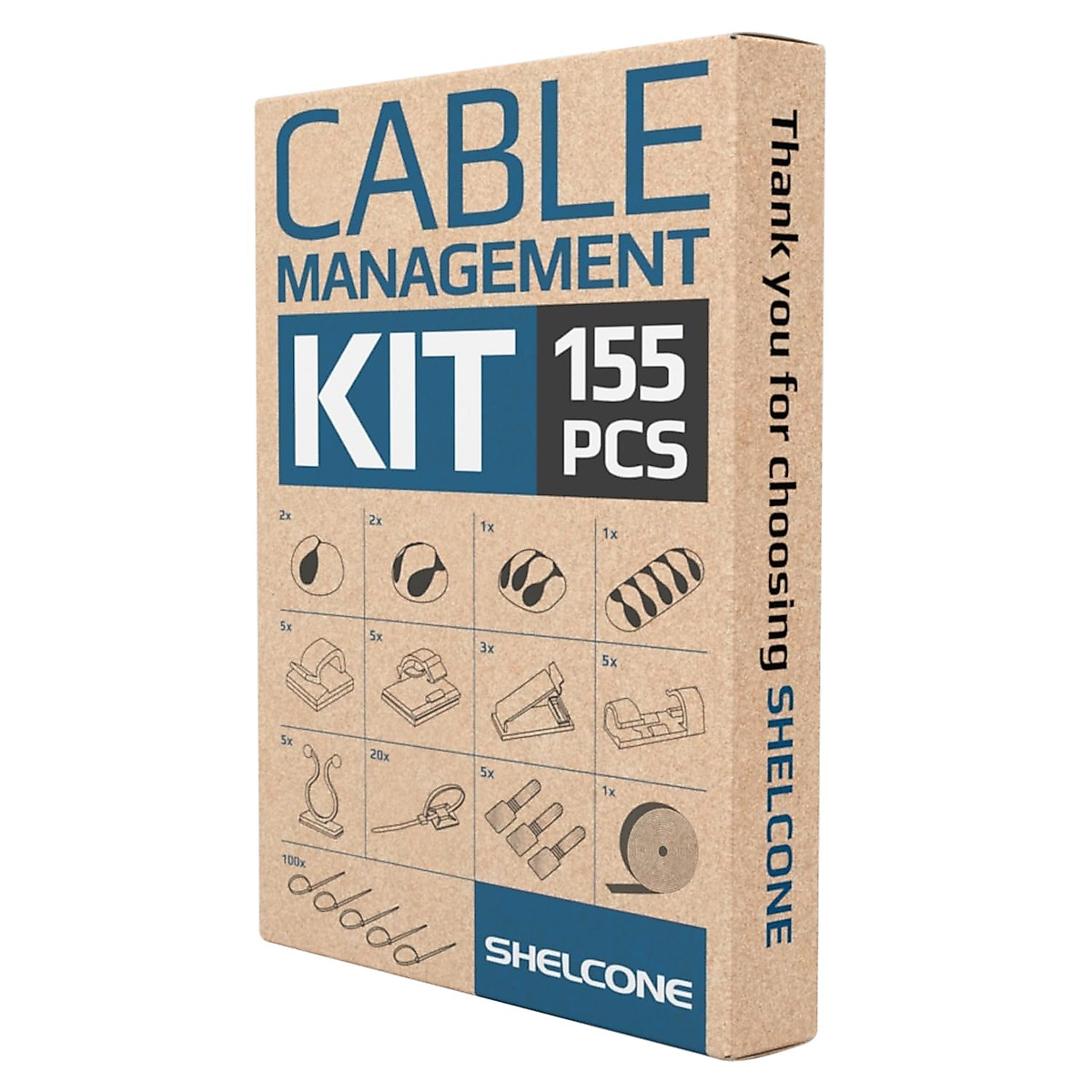 SHELCONE Cable Management Kit 155 PCS, Portable, 23 Adhesive Cable Clips, 3 Cord Holder, 100 Zip Ties, 5 Self Adhesive Cord Holder, 1 Self Adhesive Strap Roll, 20 Zip Tie Mounts (Black)