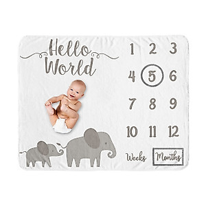 Sweet Jojo Designs Grey Elephant Boy or Girl Milestone Blanket Monthly Newborn First Year Growth Mat Baby Shower Memory Keepsake Gift Picture - Watercolor Safari Animal for Mint Green Gray Collection