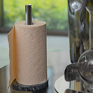 Koja Natural Black Marble and Stainless Steel 12.5” Paper Towel Holder with No-Slip 6” Base. Stylish Modern Design to Enhance Any Kitchen and Impress Your Friends and Guests.