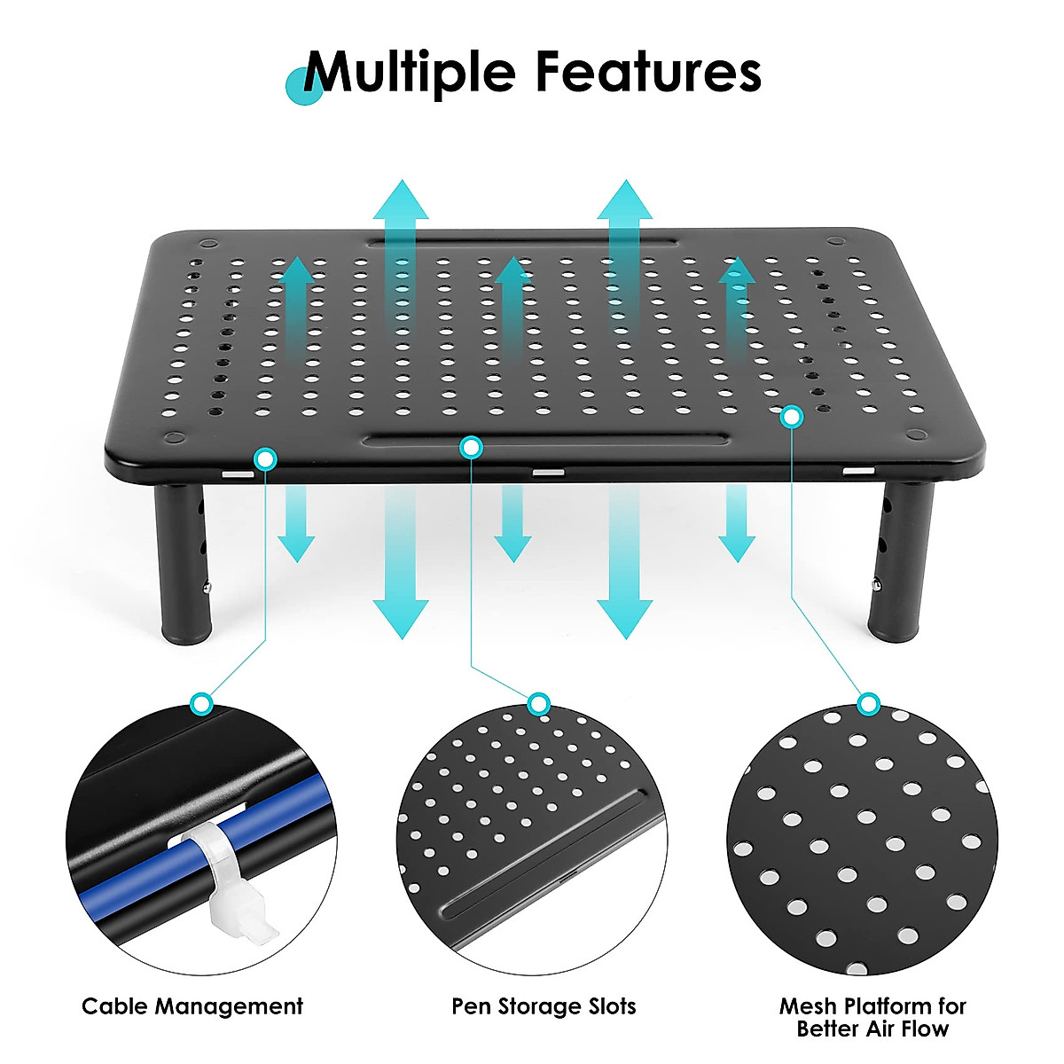 Across-Star 2 Pack Desktop Computer Riser For Monitor With Pen Slot,3 Height Adjustable Monitor Stand Riser With Airflow Vents, Metal Desk Riser Shelf Organizer For Laptop Printer TV(Black)