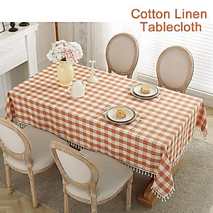 Laolitou Checkered Thanksgiving Tablecloth Rectangle Washable Buffalo Plaid Fall Table Cloth with Tassel Cotton Linen Gingham Table Cover for Dining Room, Orange, Rectangle, 55''x70'', 4-6 Seats