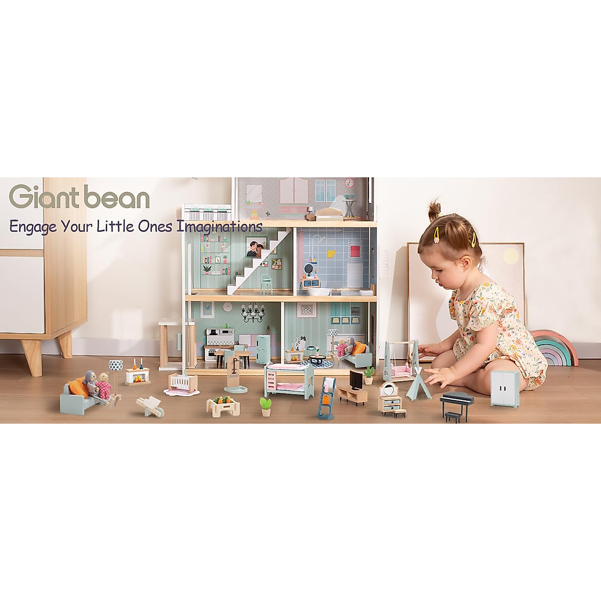 Giant bean 24 PCS Wooden Plastic Dollhouse Furniture Set, Bathroom and Bedroom Set, Wood Dollhouse Accessories Pretend Play Furniture Toys for Boys Girls & Toddlers