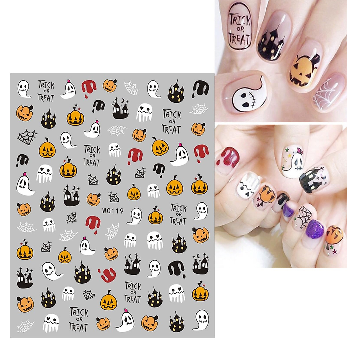 JMEOWIO 8 Sheets Cute Halloween Nail Art Stickers Decals Self-Adhesive Pegatinas Uñas Horror Skull Pumpkin Ghost Witchy Spider Web Bat Spook Nail Supplies Nail Art Design Decoration Accessories