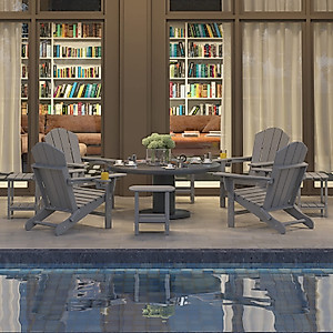 Mdeam Folding Adirondack Chair Set of 4, Adjustable Backrest, Fire Pit Chairs with Cup Holder, HDPE All Weather for Patio Lawn Deck Campfire Garden Outdoor, Grey