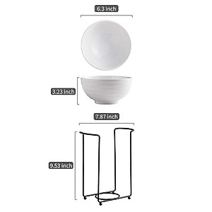 LAUCHUH Stackabel Bowl Set Porcelain Soup Bowls 28 Ounces Cereal Bowl Set with Serving Stand Large Bowl Porcelain Cereal Soup Salad with Bowl Organizer, 6 pack