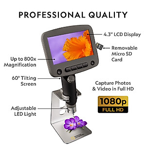 National Geographic Digital Microscope for Kids – 40-Piece Handheld Microscope, Lightweight, Portable, Capture 1080p Photos & Video on Micro SD Card, Tilting 4.3-Inch LCD Screen, 800x Magnification
