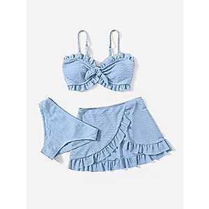 COZYEASE Girls' 3 Pcs Set Tie Front Ruffle Trim Bikini Swimsuit with Beach Skirt Cute Frill Wrap Swimsuit Light Blue 11-12Y