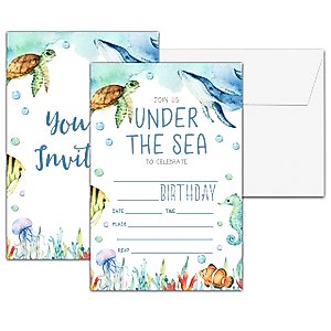 Chuxvon Birthday Party Invitations, Under The Sea Birthday Invitations, Double-Sided Watercolor Ocean Animals Themed Fill In Invites, Ocean Birthday Party Decorations, 20 Cards With 20 Envelopes(B06)