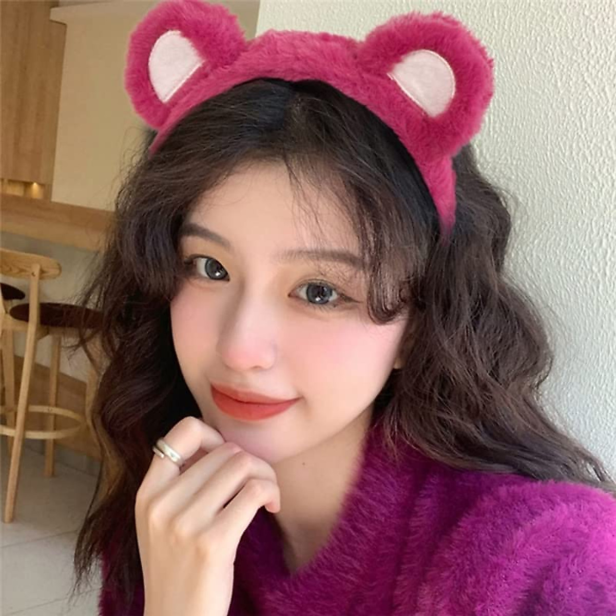 CheeseandU 2Pcs Pink Bear Ears Headband Hot Pink Plush Hair Hoop Cute Fashion Fluffy Soft Plush Bear Ear Headwears for Women Girls Makeup Headband Face Washing Headband Valentines Day Gift