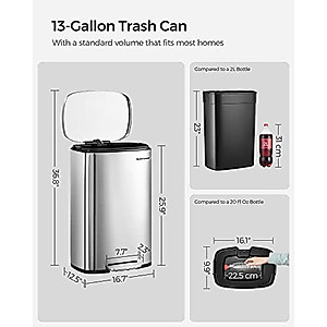 SONGMICS 13 Gallon Trash Can, Stainless Steel Kitchen Garbage Can, Recycling or Waste Bin, Soft Close, Step-On Pedal, Removable Inner Bucket, Silver ULTB050E01