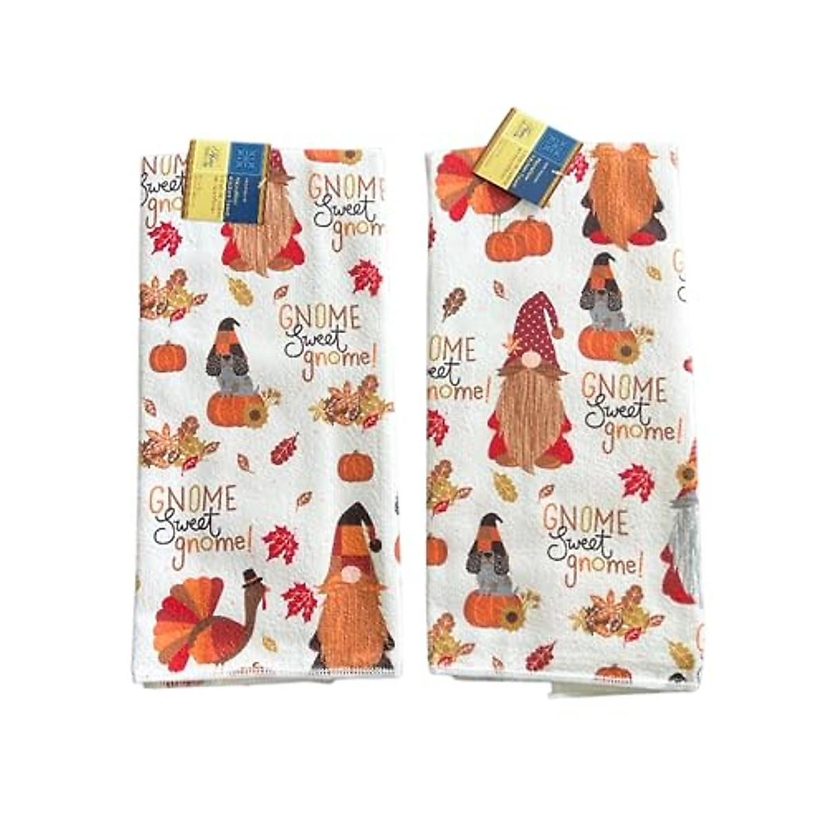 Greenbrier International, Inc. Set of 2 Gather Happy Fall Autumn Gnome Sweet Gnome Happy Thanksgiving Turkey Dogs Foliage Pumpkins Kitchen Towels Dish Towels Hand Towels Decorative Towels
