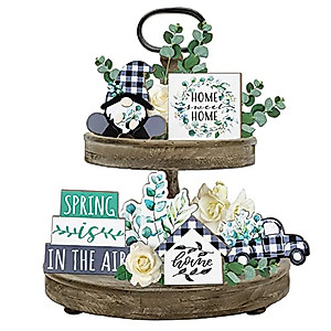 Guoofu Spring Tiered Tray Decor, 6 Pieces Farmhouse Eucalyptus Leaves Tray Decorations, Spring Gnome Wreath Buffalo Plaid Truck Wooden Signs, Rustic Spring Decor for Home Table Mantel Office Party