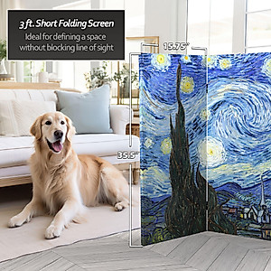 Red Lantern 3 ft. Short Double Sided Works of Van Gogh Canvas Starry Night/Sunflowers Folding Screen, 3 Foot, 3 Panel, Multicolor