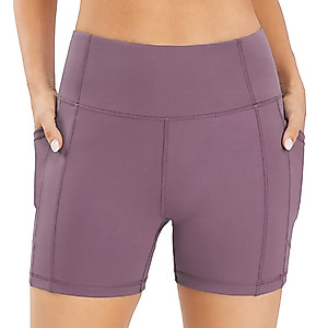 PERSIT Yoga Shorts for Women with Pockets High Wasited Running Athletic Biker Workout Shorts Tight Fitness Gym Shorts Yoga Pants - Purple - L