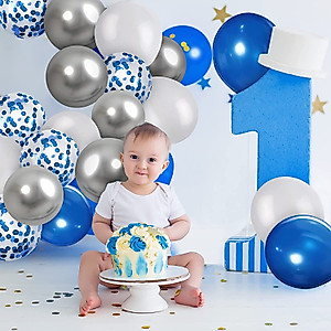 Blue and Silver Balloons 90Pcs Royal Blue and Silver Confetti Balloons 12 Inches White and Blue Latex Balloons for Baby Shower, Birthday, Bridal Shower, Wedding Party Decoration