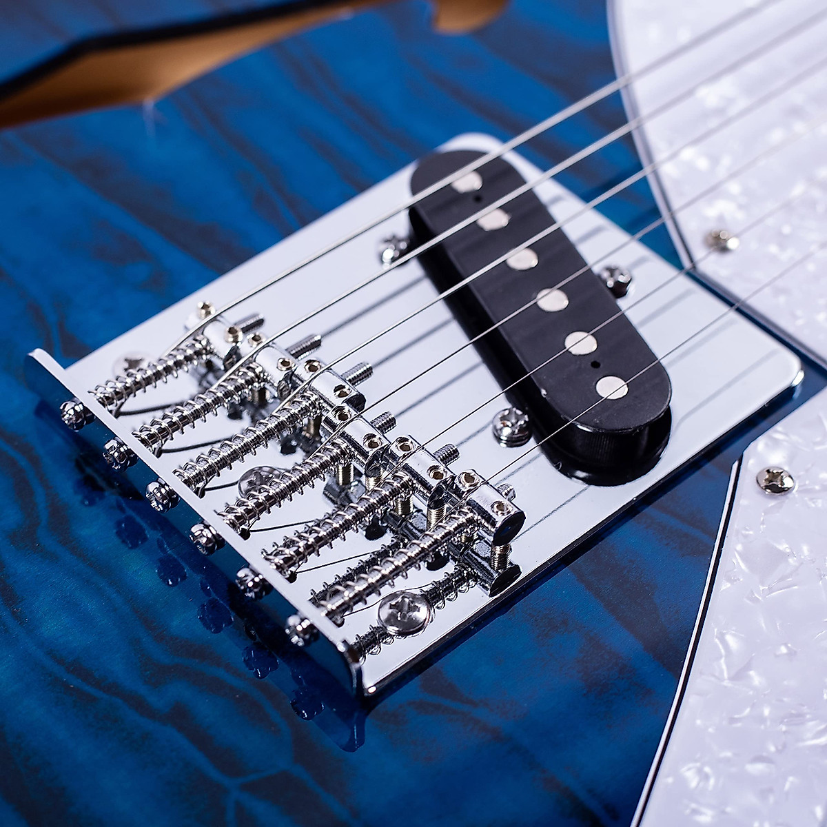 Grote Electric Guitar Semi-Hollow Body Single F-Hole Printed Tele Style Guitar Full-Size Basswood with Canadian Maple neck Chrome Hardware Picks (Blue)