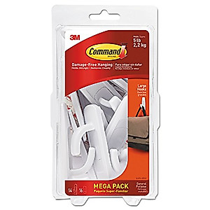3M Command 17003Mpes General Purpose Plastic Hooks, Large, 5Lb Cap, White, 14 Hooks & 16 Strips/Pack