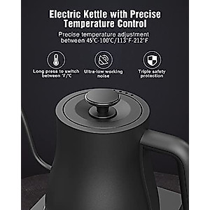 Jocuu Gooseneck Electric Pour Over Kettle with Temperature Control, Tea & Pour Over Coffee Kettle, Stainless Steel, Auto Shutoff Boil-Dry Protection, 0.8L, Matte Black