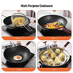 Kseroo 12.5” Woks & Stir-Fry Pans with Lid Steamer, Nonstick Ceramic Wok Pan with Lid, Deep Large Induction Hard Anodized Frying Wok, Carbon Steel Wok Set Flat Bottom, Large Saute Pan Set