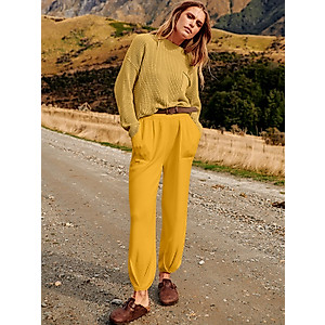 ANRABESS Women's Two Piece Outfits Long Sleeve Knit Top Fall Sweater Set Oversized Pants Tracksuit Lounge Sets Yellow Medium