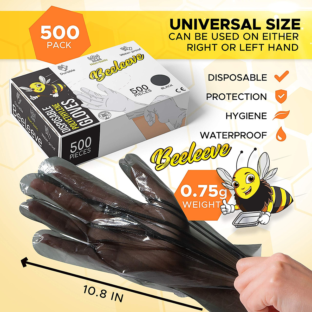 Beeleeve [500-Box Disposable Plastic Poly Gloves - One Size Fits Most - Color Variants - Single-Use Hand Covers for Food Safe Handling, Preparation, Kitchen, Cooking, Waterproof, Bulk (a - Clear)
