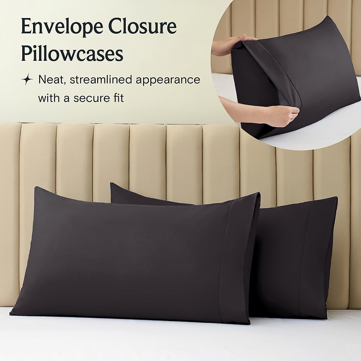 LuxClub Collection Pillowcases 2 Pack - Eco Friendly Wrinkle Free Cooling Pillow Cases with Satin Trim - Machine Washable Hotel Bedding Silky Soft - Black King