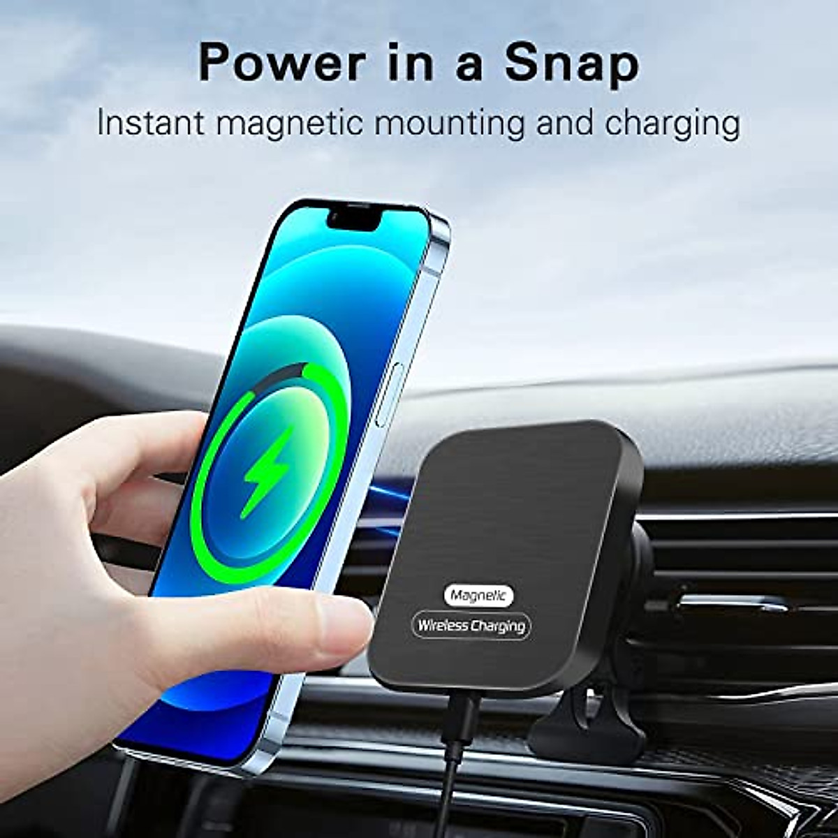 ZC GEL Magnetic Wireless Car Charger, Fast Charging and Strong Stable Air Vent Phone Holder Compatible with Magsafe iPhone 14/13/12 Series Phones Magnetic Car Mount with Double Cooling Holes, Black