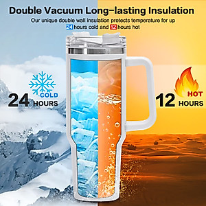 40 oz Tumbler With Handle and Straw Lid, Stainless Steel Insulated Tumblers Travel Mug, for Hot and Cold Beverages Thermos Travel Coffee Mug for Both Men and Women (White)
