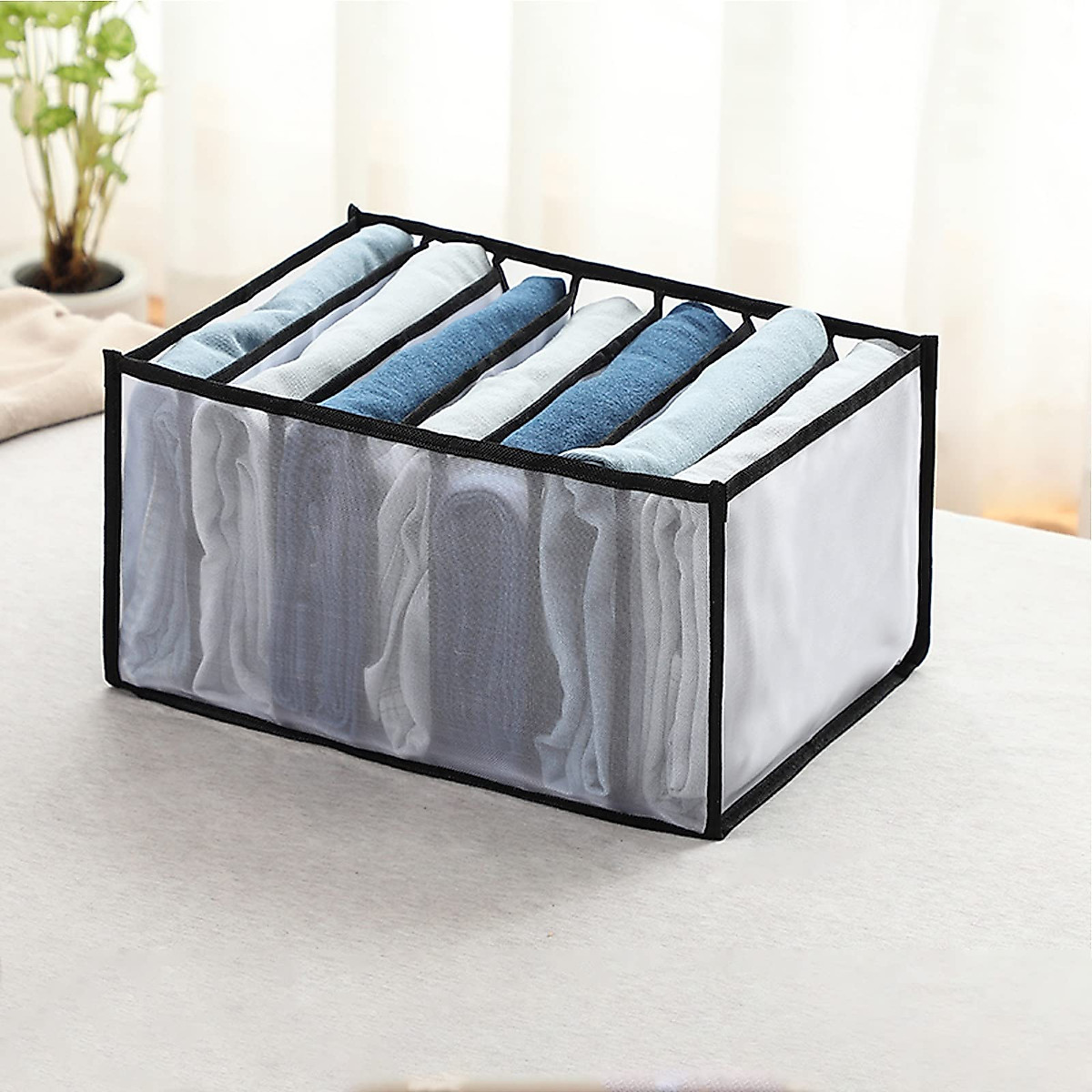2 Pack 7 Grids Wardrobe Clothes Organizer Washable Foldable Visible Clothes Drawer Mesh Separation Organizer for Underwear, Jeans, Socks, T-shirts, Scarves, Leggings, Skirts