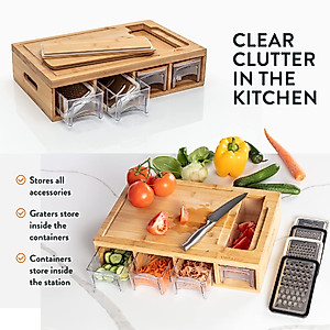 Chopping Board with Storage and Food Prep Station - Meal Prep Station, Bamboo Cutting Board with Juice Grooves, Four Containers & Assorted Graters