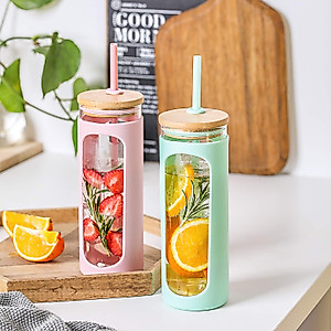 Kodrine 24 oz Glass Water Bottle with Bamboo Straw and Lid, Wide Mouth Water Tumbler,Straw Silicone Protective Sleeve BPA FREE-Pink