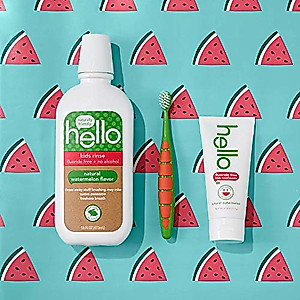 Hello Natural Watermelon Flavor Kids Fluoride Free Toothpaste and Mouthwash, Vegan, Alcohol Free, SLS Free, Gluten Free, 4.2 Ounce Toothpaste Tubes (Pack of 2), 16 Fl Oz Mouthwash Bottle
