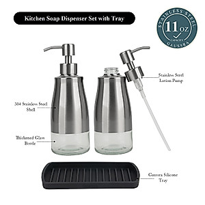 Gaussra Kitchen Soap Dispenser Set with Silicone Tray - Brushed Nickel, Stainless Steel Glass Soap Dispenser Bathroom, Modern Farmhouse Decor, Refillable Hand Dish Soap Dispenser for Kitchen Sink