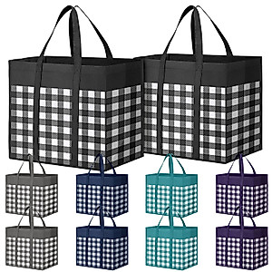 StorMiracle Reusable Grocery Bags 10-Pack, Large Foldable Reusable Shopping Tote Bags Bulk for Groceries, Waterproof Kitchen Cloth Produce Bags with Long Handles, Durable and Lightweight-Plaid Style A