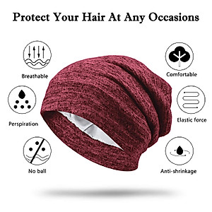 6 Pieces Satin Lined Sleep Cap Slouchy Beanie Slap Hat Night Hair Wrap Caps for Women Girls, One Size (Black, Navy Blue, Khaki, Army Green, Wine Red, Dark Grey)