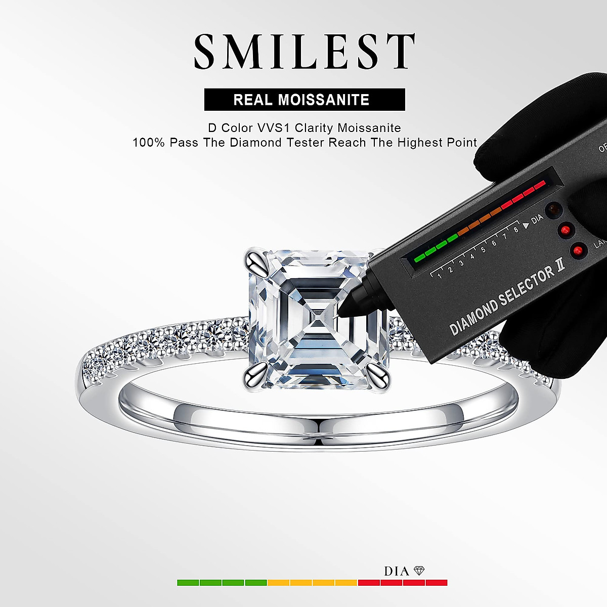 SMILEST Asscher Moissanite Side Stone Ring for Women, Brilliant D Color VVS1 Clarity Lab Created Diamond Engagement Ring 18K White Gold Vermeil 4 Prong Moissanite Accent Ring for Women Promise Rings